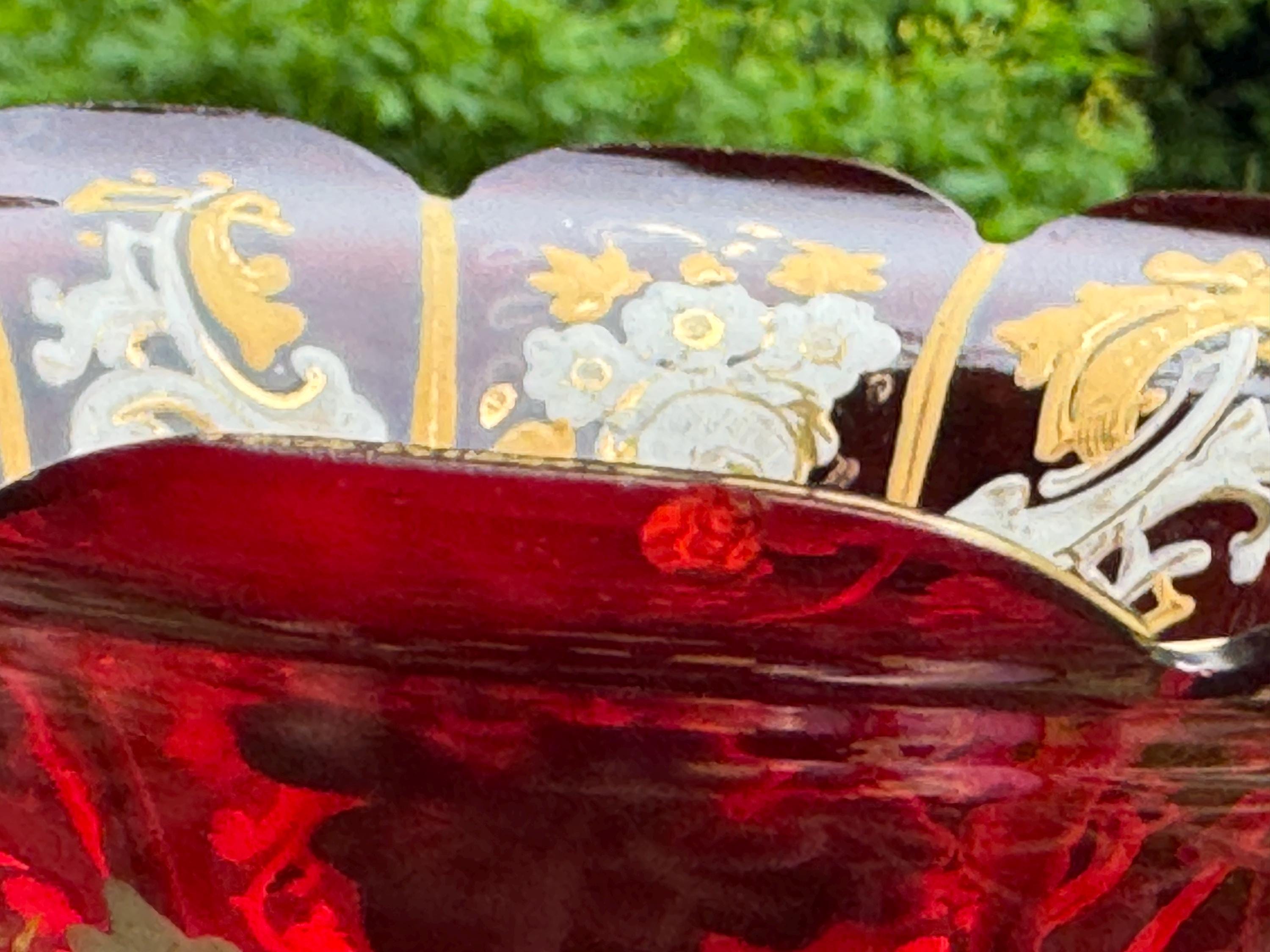 Antique Bohemian Ruby Red Glass Compote – Hand-painted With Gold and ...