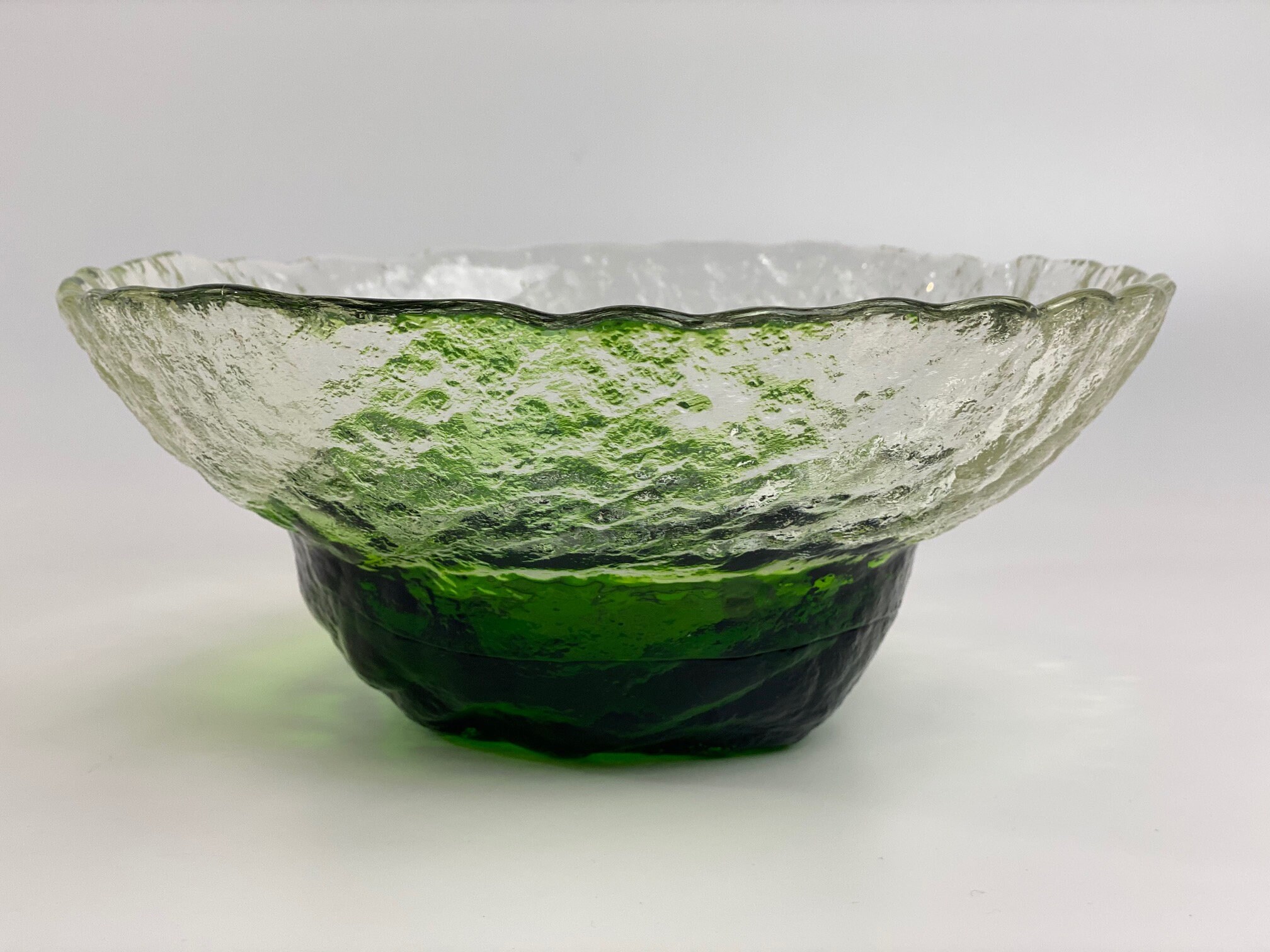 Signed Pertti Santalahti Glass Bowl: Green & Clear Ice Effect, 1970s ...