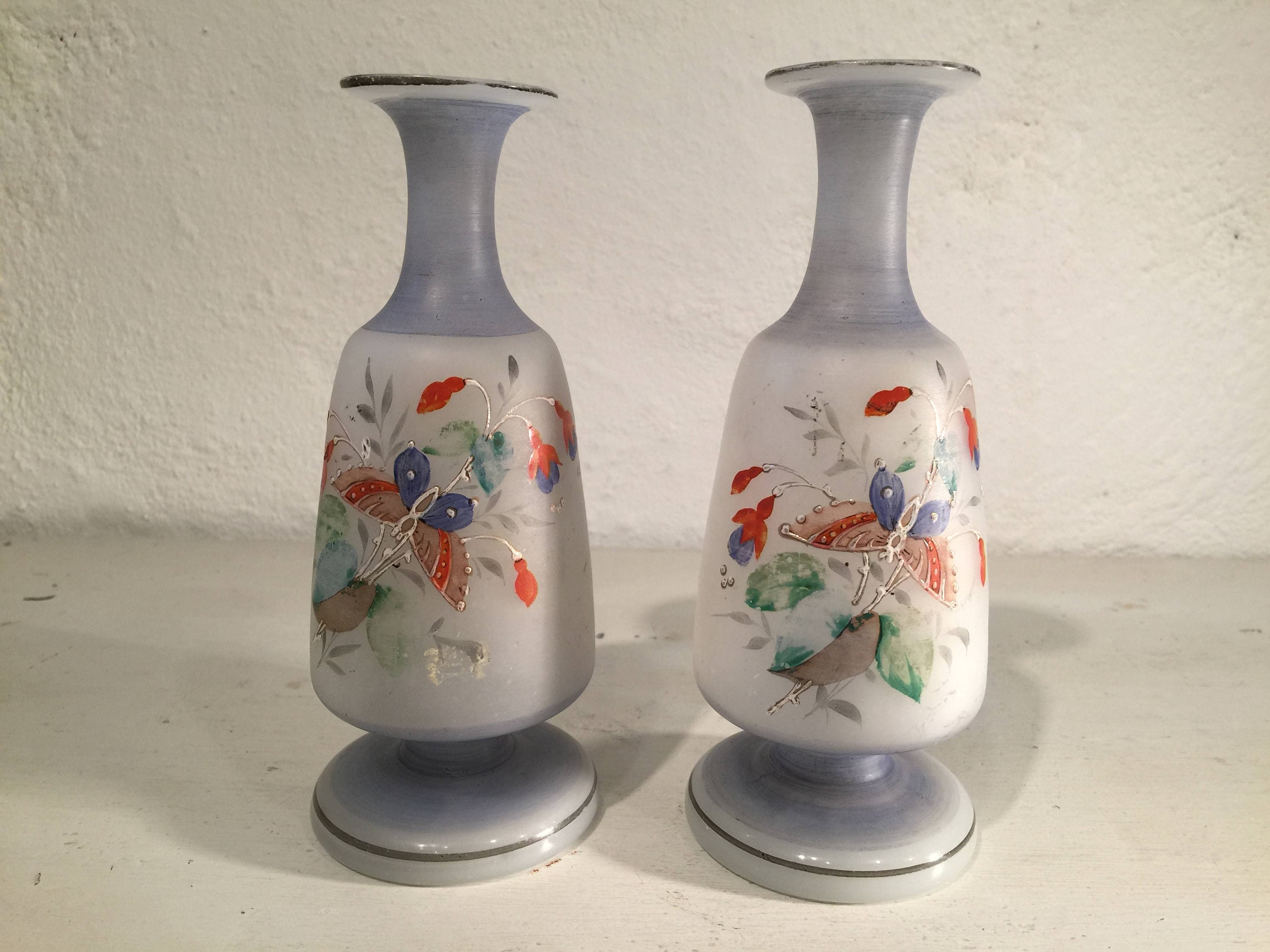 Pair of Antique Opaline Vases in a Tender Gray Color Enamel | Etsy