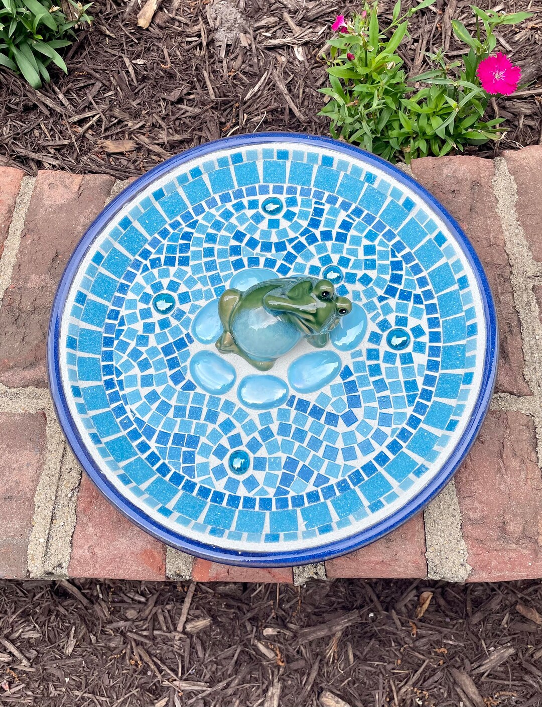 Lazy Frog Mosaic Birdbath With Glass Tiles and Ceramic Frog. - Etsy
