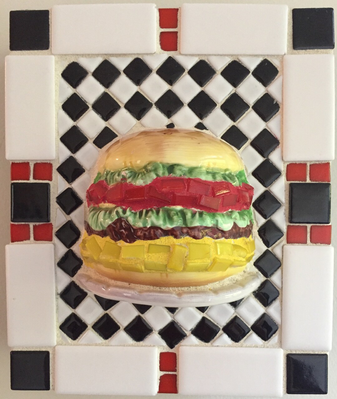 Yummy Handmade Hamburger Mosaic Wall Art, Made With Ceramic Black and White Tiles, Ceramic ...