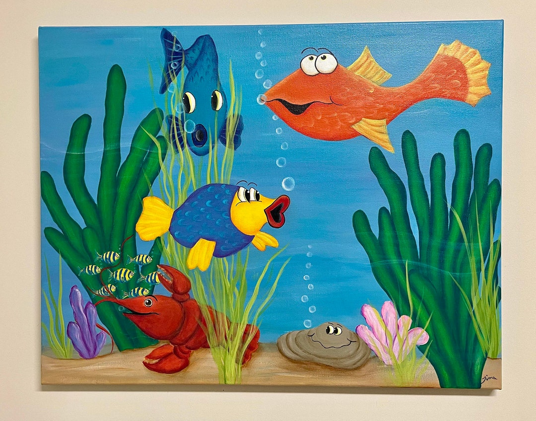 Fun Colorful Fish on the Ocean Floor, Canvas Painting, Swimming Fish ...