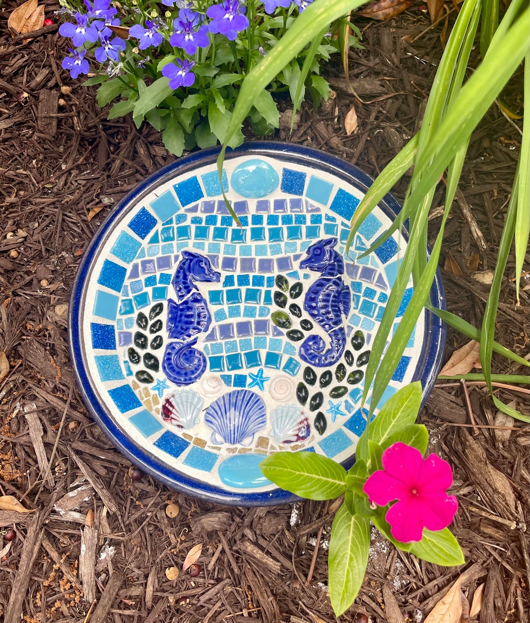 Vibrant Blue Seahorses and Seashells Mosaic Birdbath – Ceramic Saucer ...