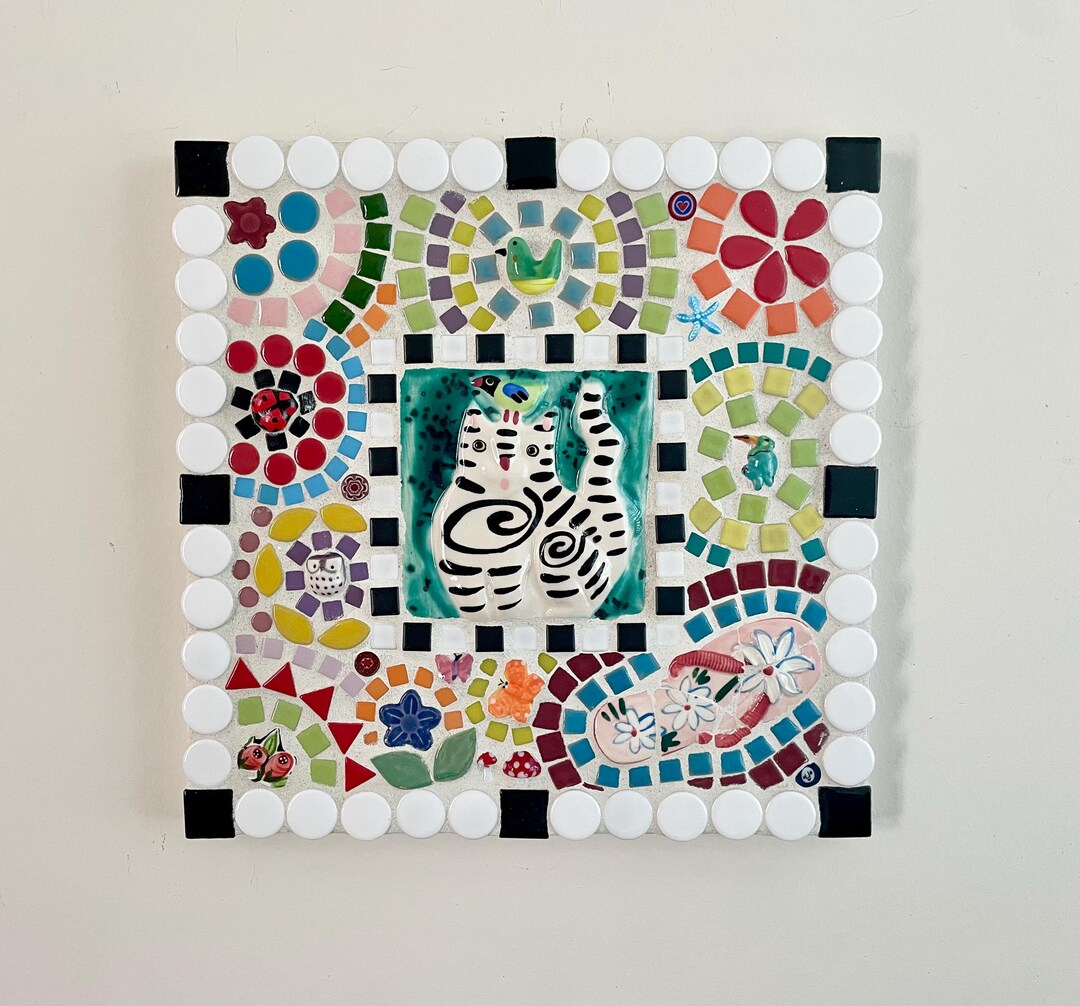 Eclectic Colorful Cat Mosaic Wall Art – Recycled Ceramic Cat Tile, Flip ...