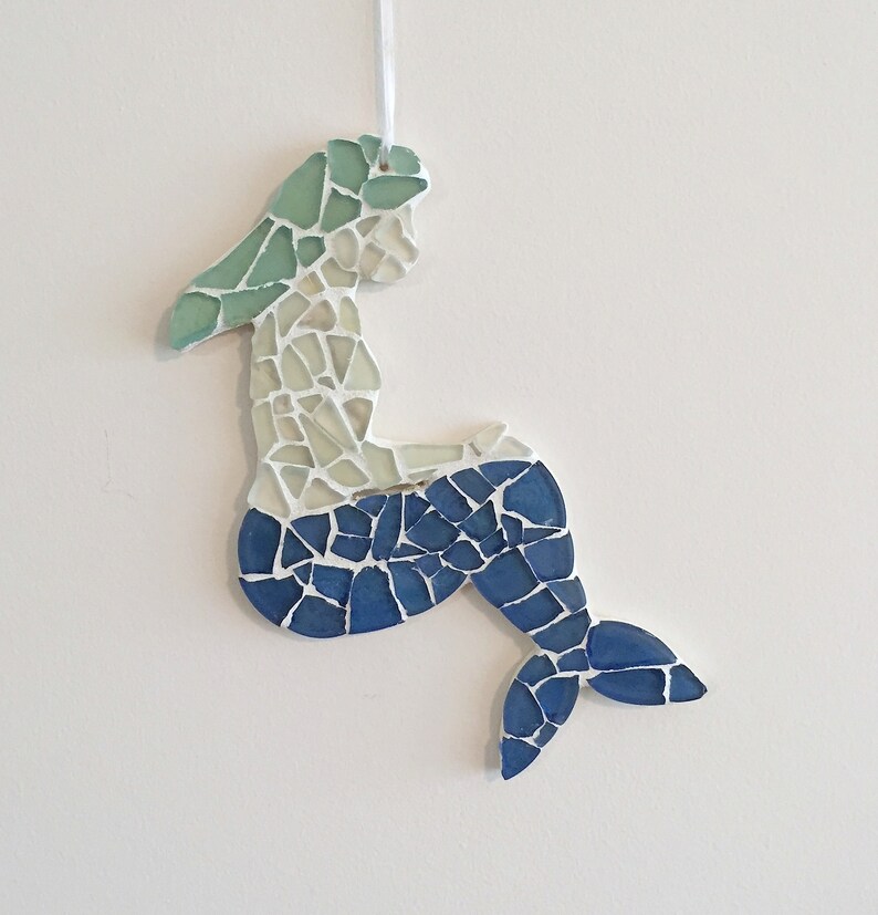 Medium Handmade Sea Glass Mermaid Mosaic Art Blue Green And Etsy