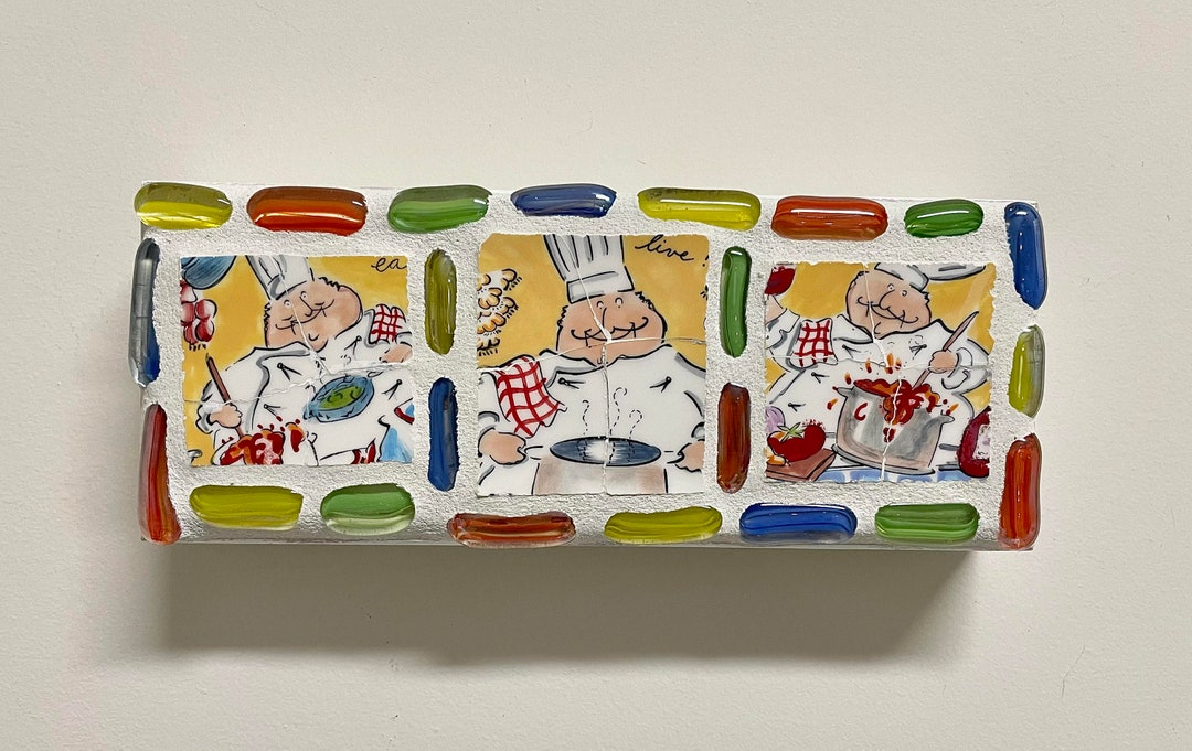 Three Fun Colorful Mosaic Chefs, Wall Hanging, Recycled Chef Plates ...
