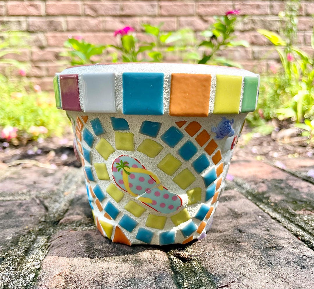 Colorful Flip Flop Mosaic Flower Pot With Seashells, Starfish, Turtles ...