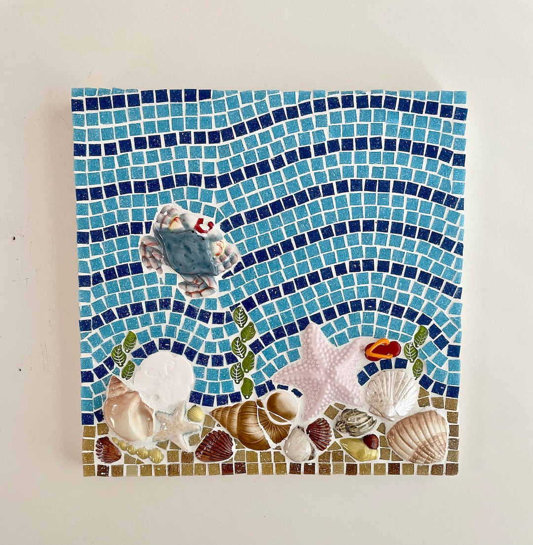The Crab and the Lost Flip Flop Mosaic Wall Hanging, Wood Canvas, Glass ...