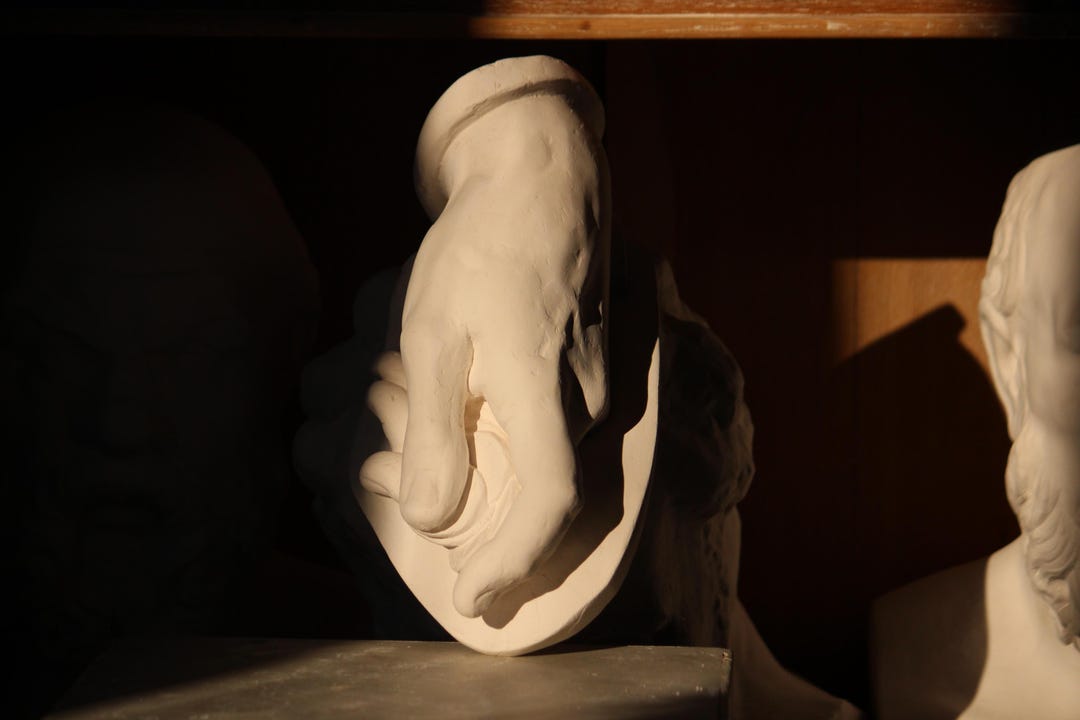 Hand Holding Coins Plaster Cast, White Classical Sculpture, Handmade by ...