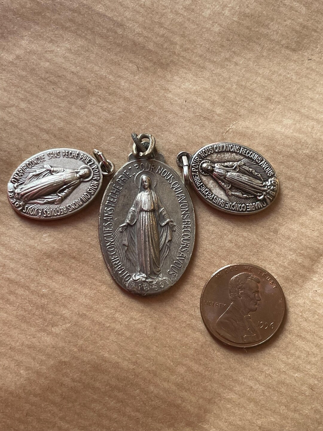 Three Similar Virgin Mary Medals Medallions Silver Toned Pendants ...