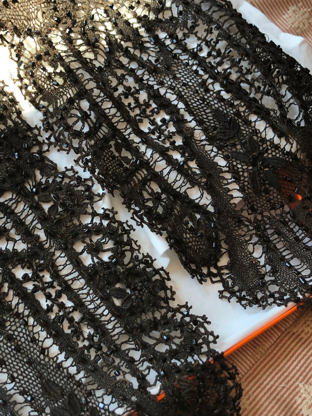 Victorian Fine Black Lace Panels MOURNING Lace Complete Handmade Beaded ...