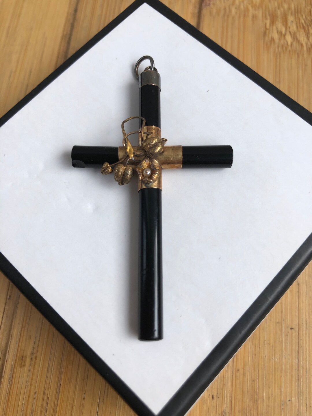 Mourning Whitby JET Cross Bahrain Seed Pearl VICTORIAN Pendant Cross ...