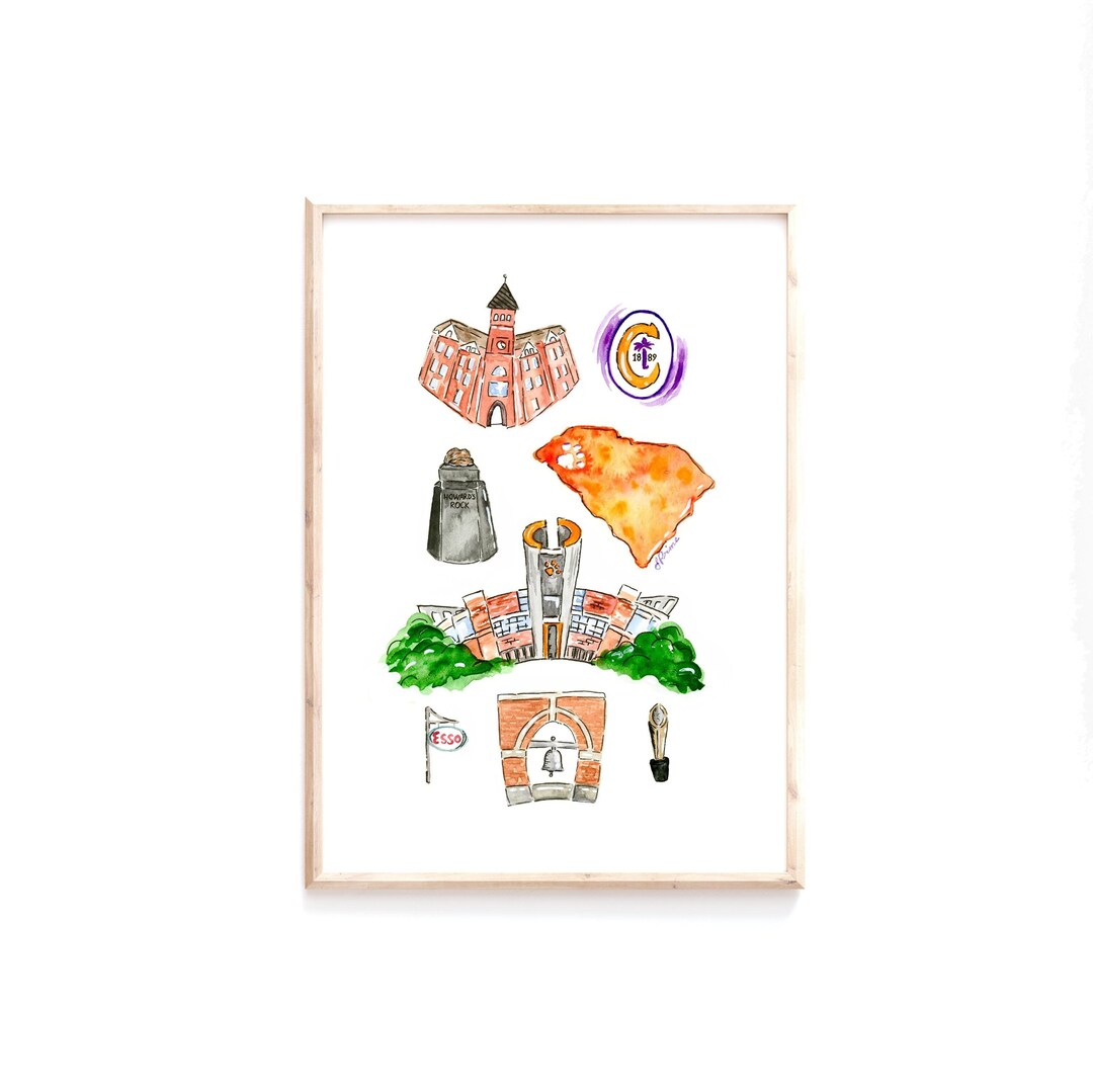 Clemson University Vertical Landmarks Art Print Original Watercolor ...