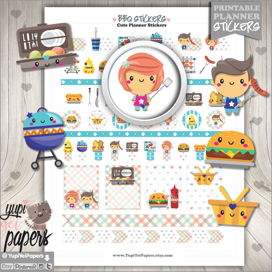 Journal Stickers Summer Stickers Cute Stickers BBQ GRILL Kawaii Planner ...