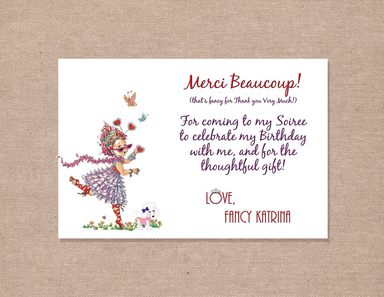 Fancy Nancy Inspired Thank You Card - Dressup Birthday Thank You Card ...