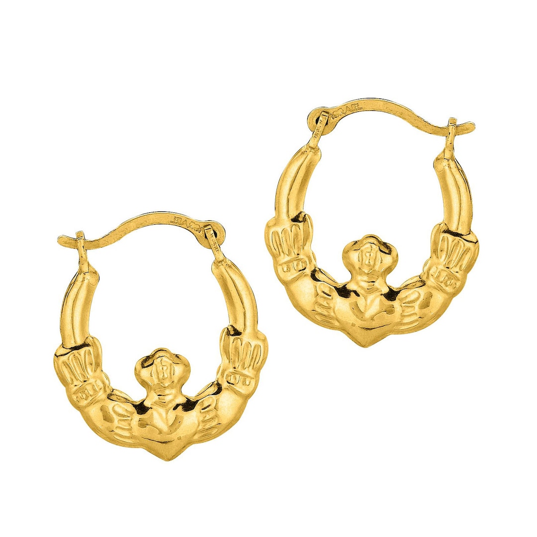 10k Real Gold Small Tubular Claddagh Hoop Earrings in Yellow Gold ...