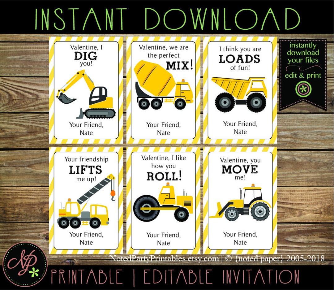 Kids Valentine Cards, Printable Construction Valentines, Dump Truck ...