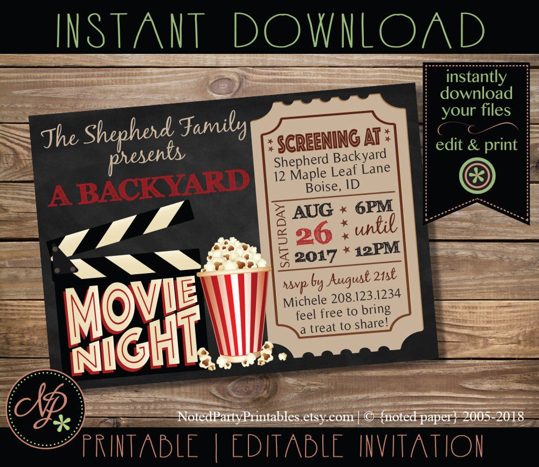 Printable Movie Night Invitation, Chalkboard Movie Night Party ...
