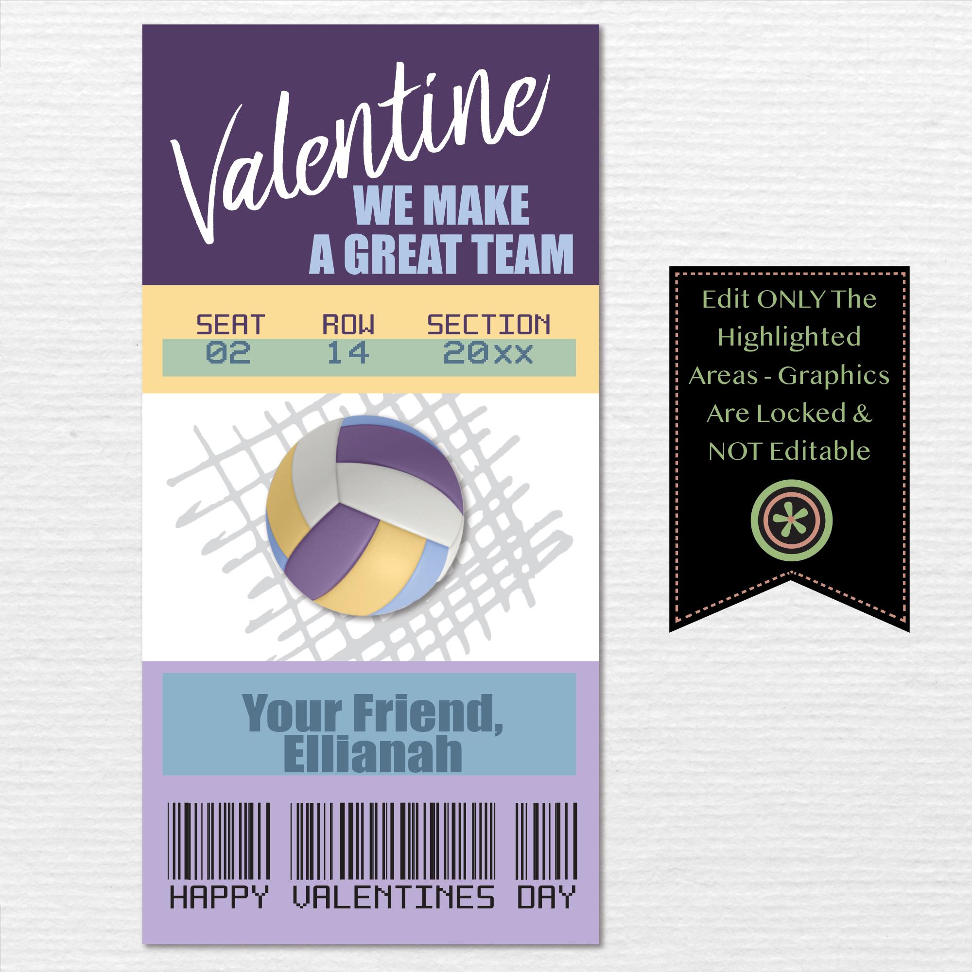 Kids Valentine Cards, Printable Volleyball Valentine Tickets, Kids ...
