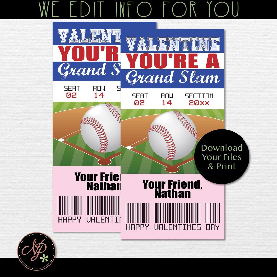Kids Valentine Cards, Baseball Valentines Ticket, Kids Baseball ...