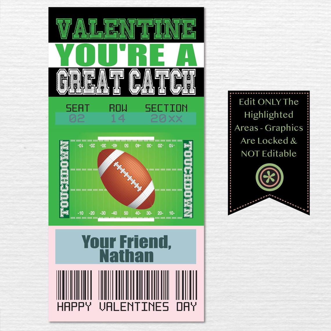 Kids Valentine Cards, Printable Football Valentines Tickets, Kids ...