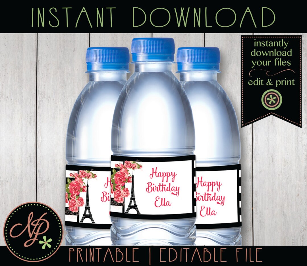 Paris Theme Water Bottle Labels Instant Download, Paris Party ...