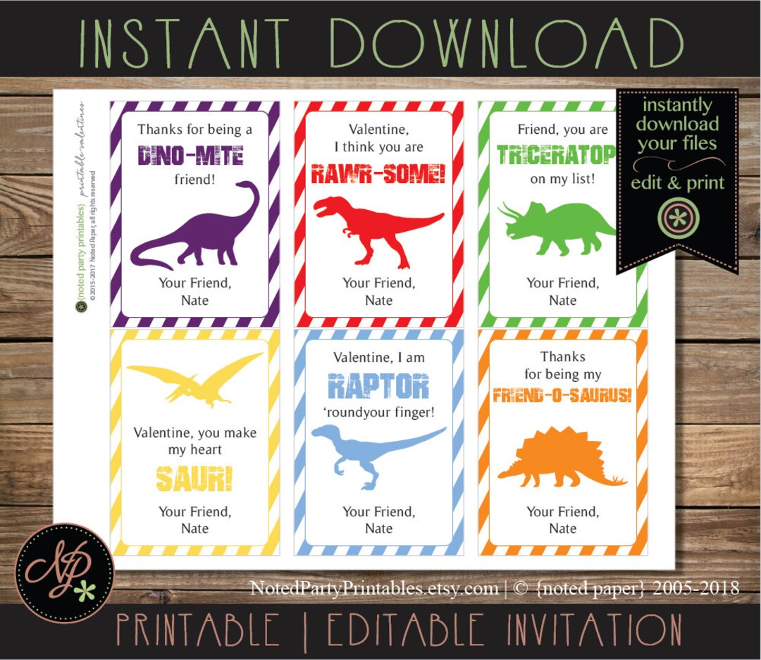 Printable Dinosaur Valentines, Kids Dinosaur Valentine Cards, T-rex ...