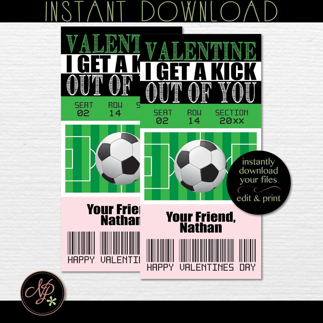 Kids Valentine Cards, Printable Soccer Valentines Tickets, Kids Soccer ...