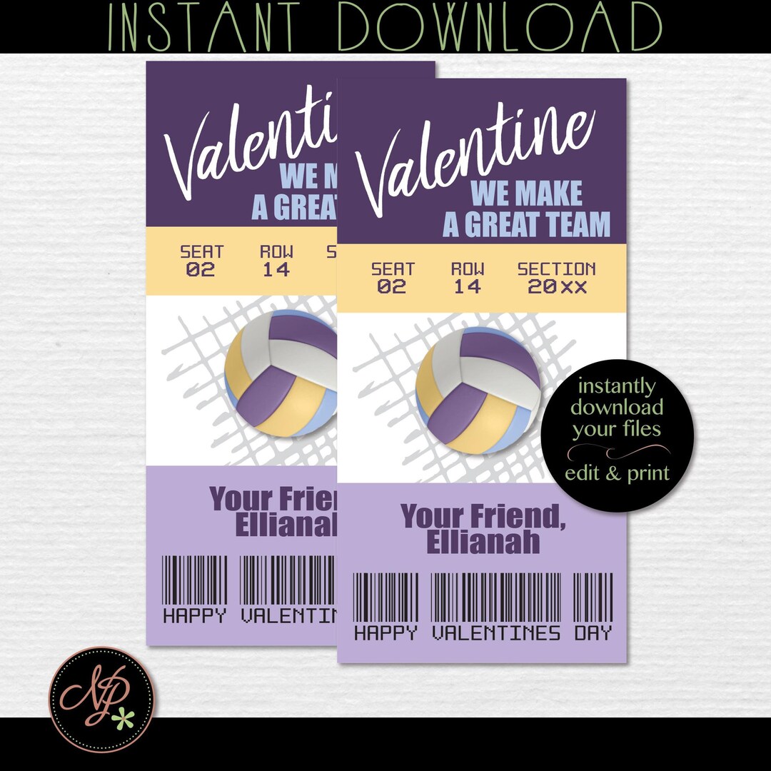 Kids Valentine Cards, Printable Volleyball Valentine Tickets, Kids ...