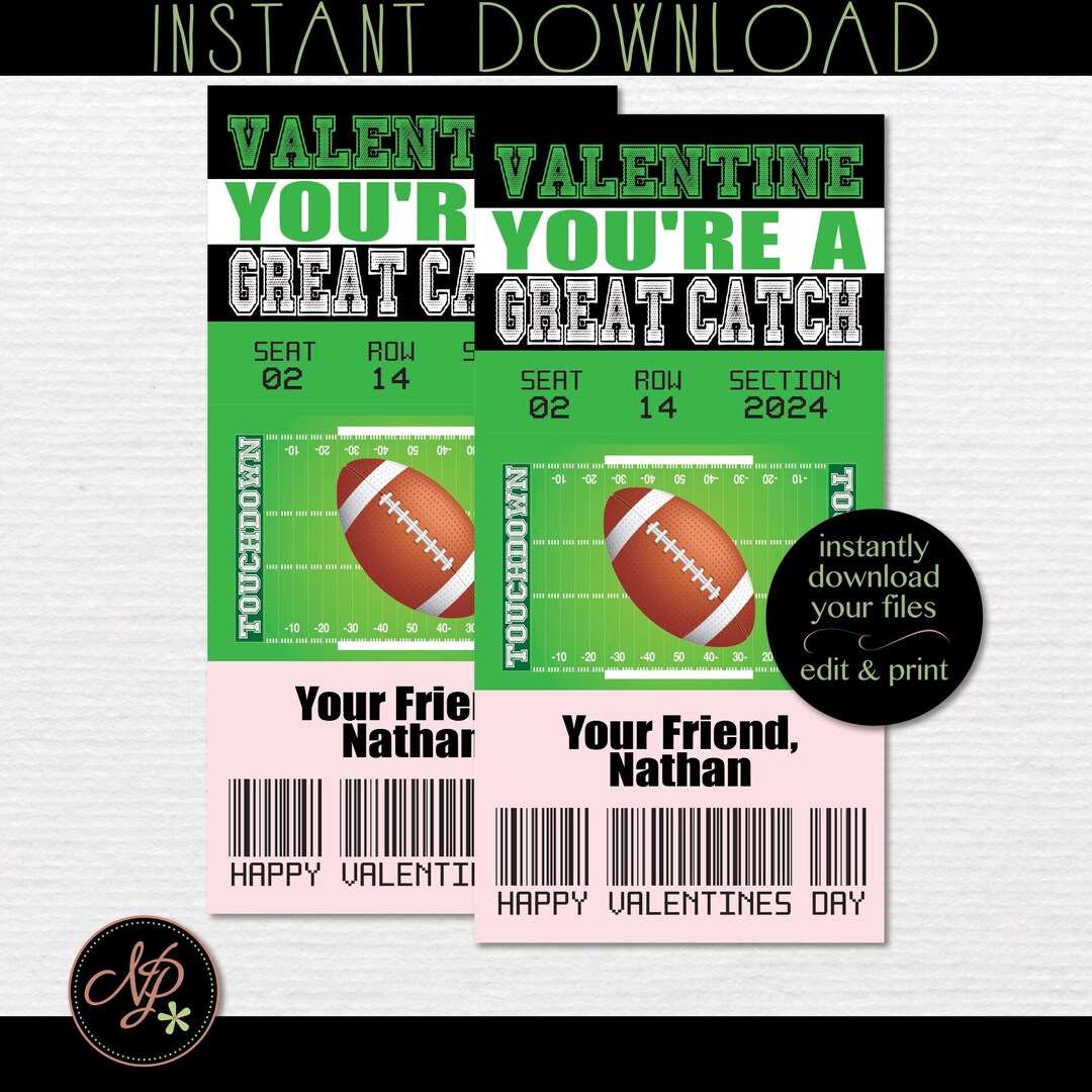 Kids Valentine Cards, Printable Football Valentines Tickets, Kids ...