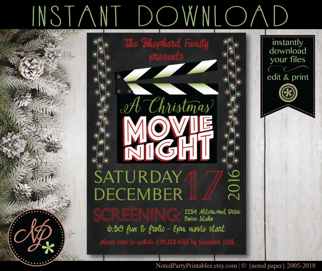 Printable Christmas Movie Night Invitation, Chalkboard Movie Night ...