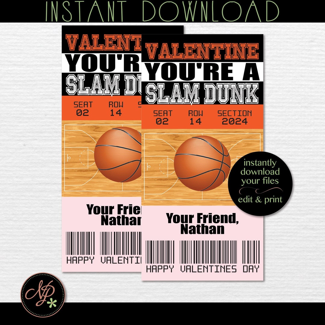 Kids Valentine Cards, Printable Basketball Valentines Tickets, Kids ...