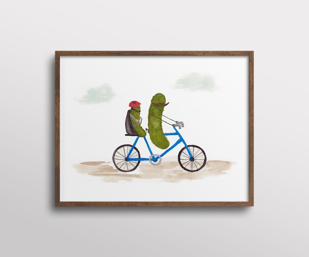 Whimsical Pickle With Mustache and Kid Riding a Bicycle Watercolor Art ...