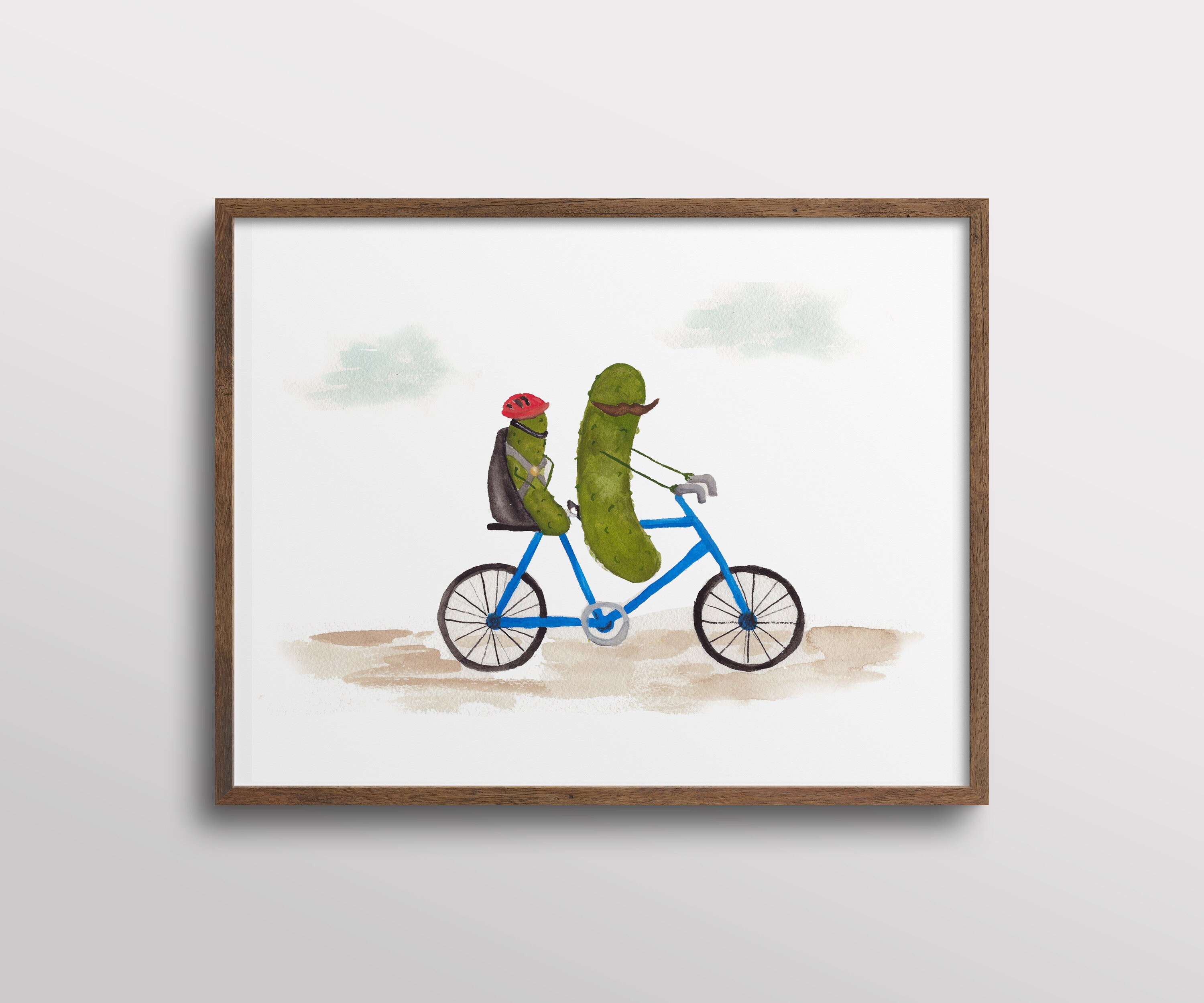 Whimsical Pickle With Mustache and Kid Riding a Bicycle - Etsy
