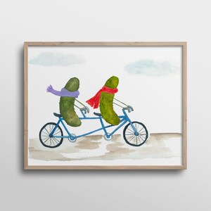 Whimsical Pickles on a Bicycle Built for Two Watercolor Art Print - Etsy