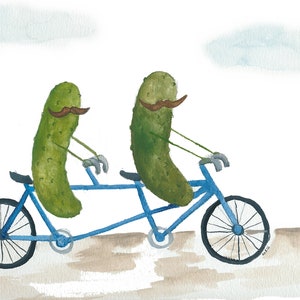 Whimsical Pickles With Mustaches on a Bicycle Built for Two Watercolor ...
