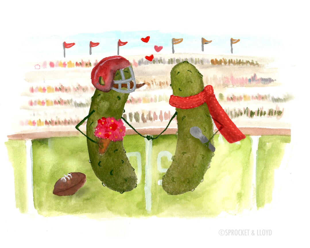 Whimsical Pickles Football Art Print: Taylor Swift, Travis Kelce Super ...