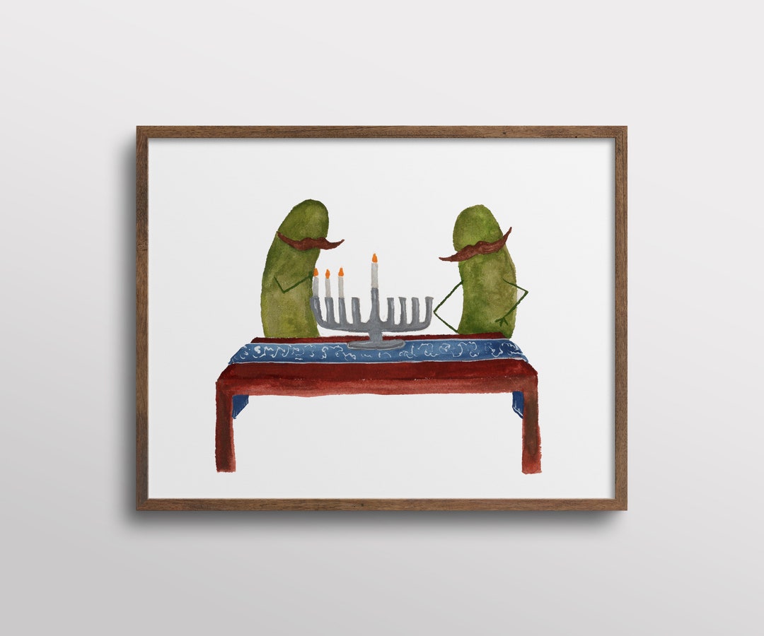 Whimsical Pickles With Mustaches Lighting the Menorah for Hanukkah ...
