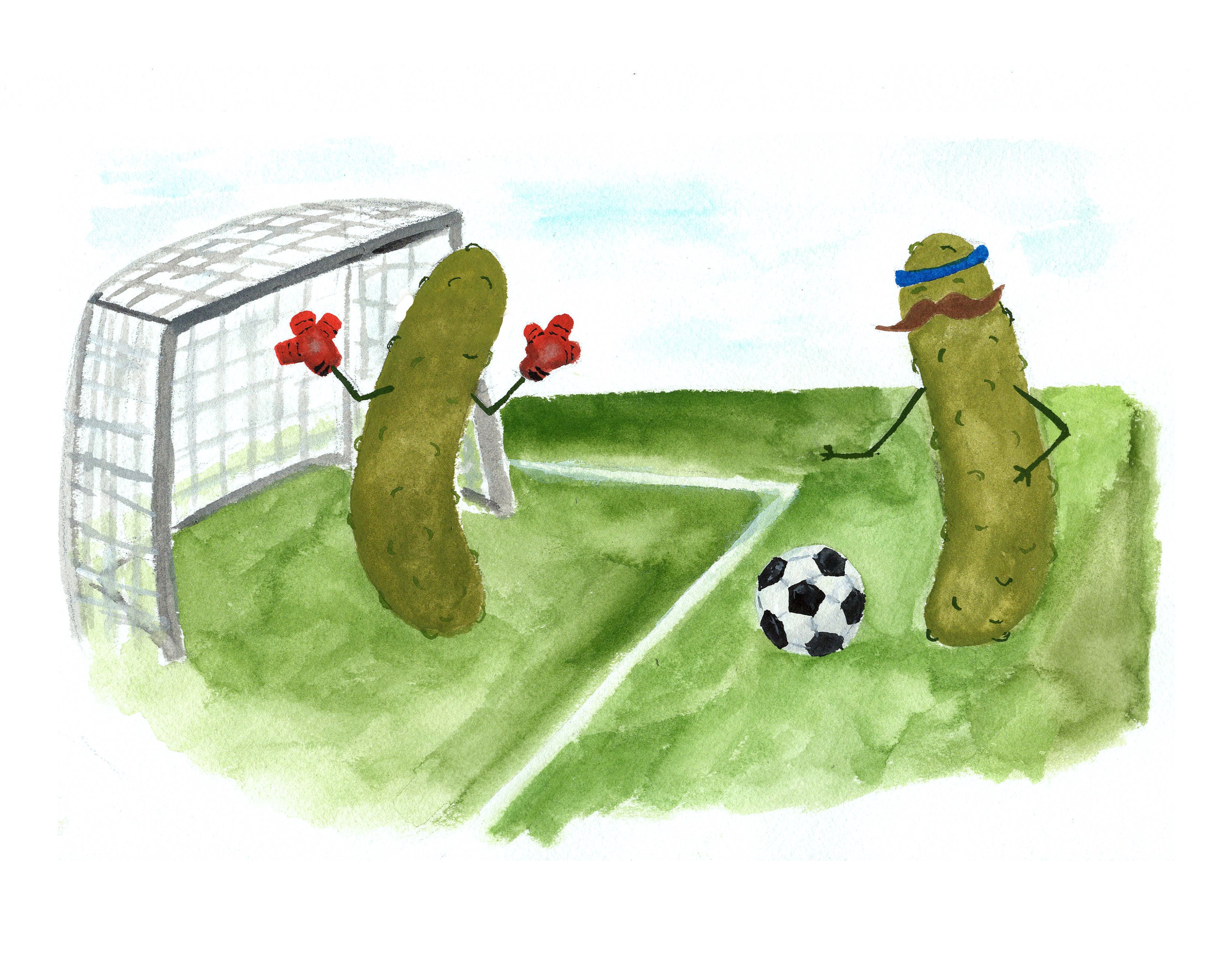Whimsical Pickles With Mustaches Playing Soccer Watercolor Art | Etsy