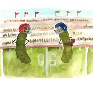 Whimsical Pickles With Mustaches Playing Football Watercolor Art Print ...