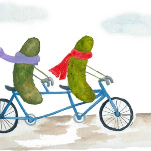 Whimsical Pickles With Mustaches on a Bicycle Built for Two Watercolor ...