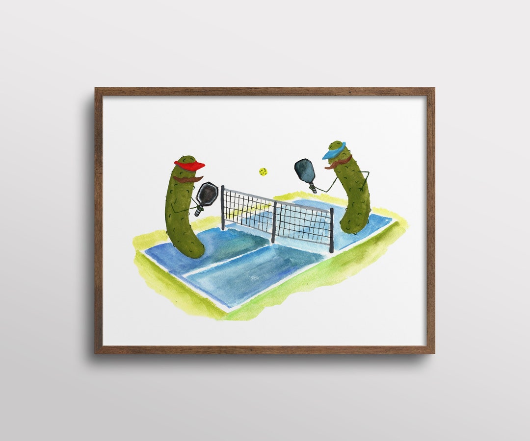 Whimsical Pickles With Mustaches Playing Pickleball Watercolor Art ...
