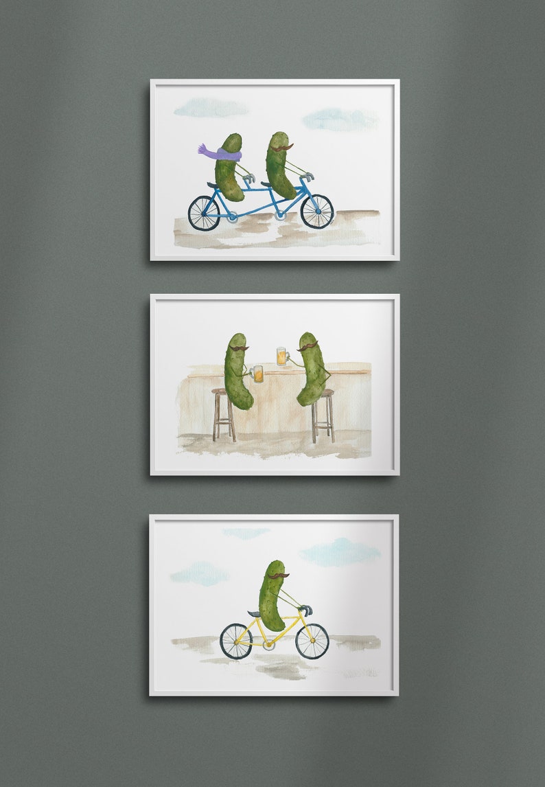 Whimsical Pickles on a Bicycle Built for Two Watercolor Art Print - Etsy