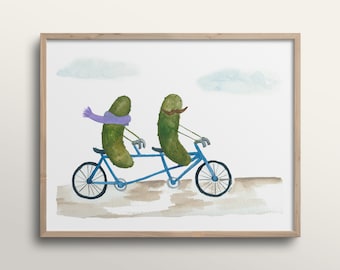 Whimsical Pickles With Mustaches on a Bicycle Built for Two | Etsy