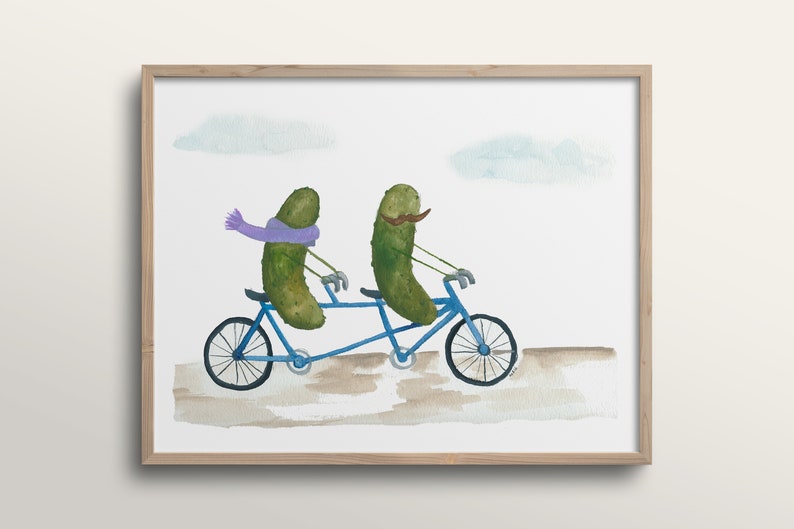 Whimsical Pickles on a Bicycle Built for Two Watercolor Art Print - Etsy