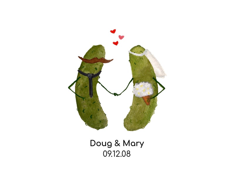 Whimsical Pickles Getting Married Wedding Engagement Love Watercolor ...