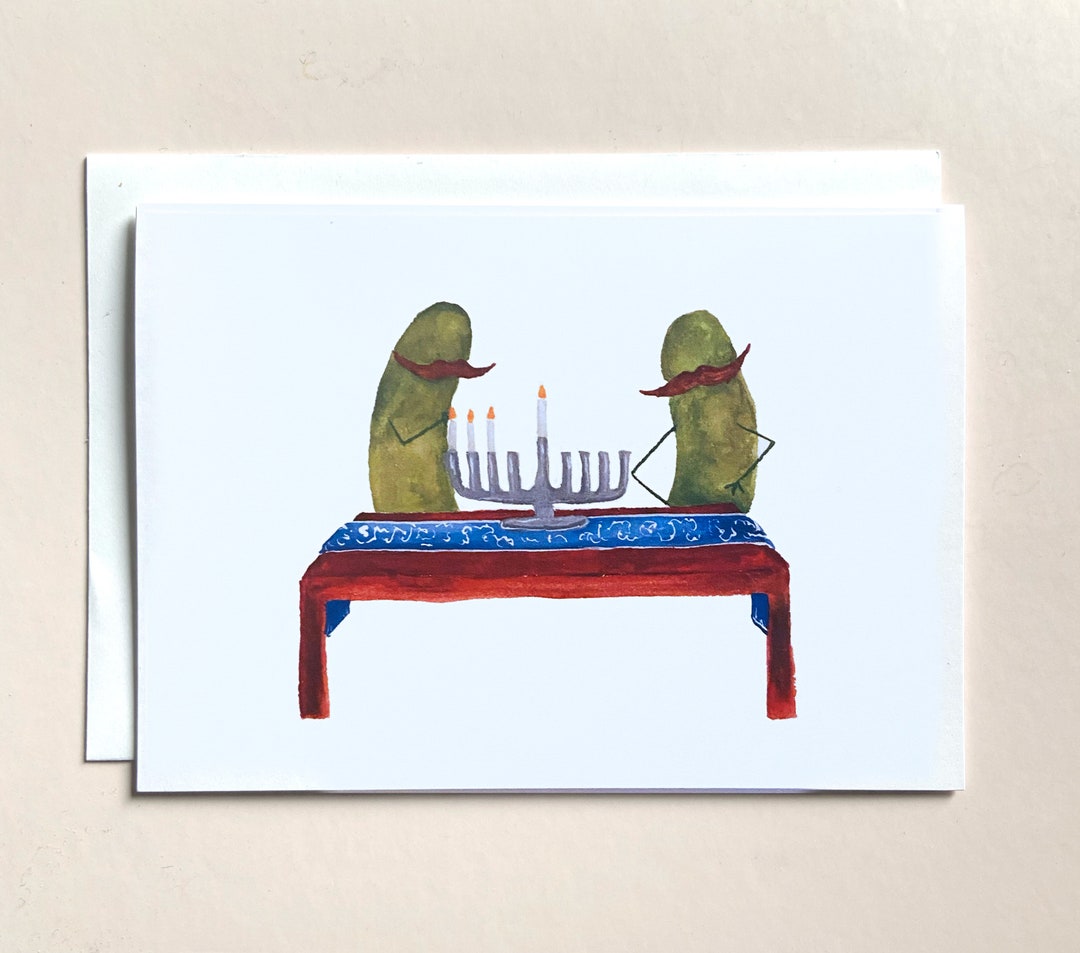 Whimsical Pickles Lighting the Menorah Blank Hanukkah Card - Etsy