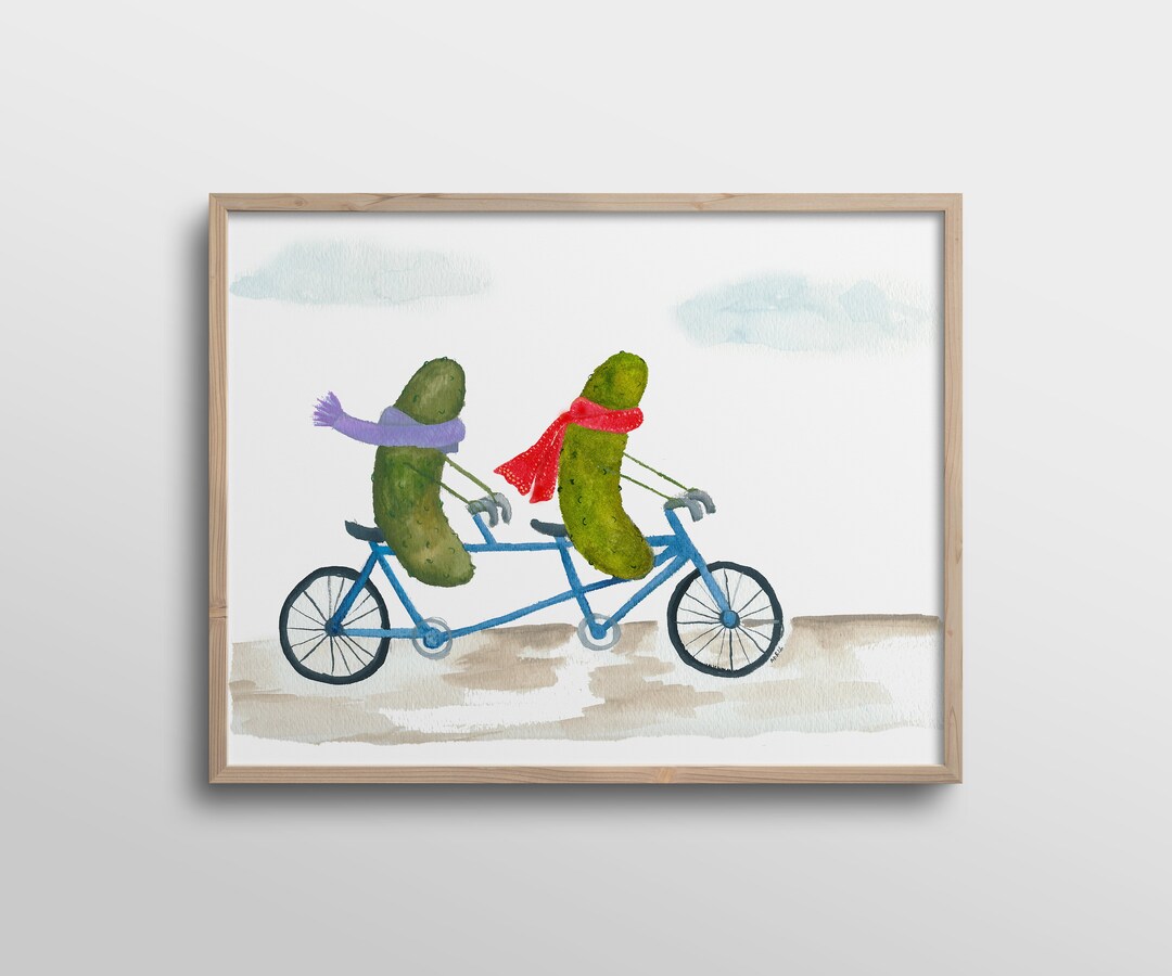 Whimsical Pickles With Scarves on a Bicycle Built for Two Watercolor ...