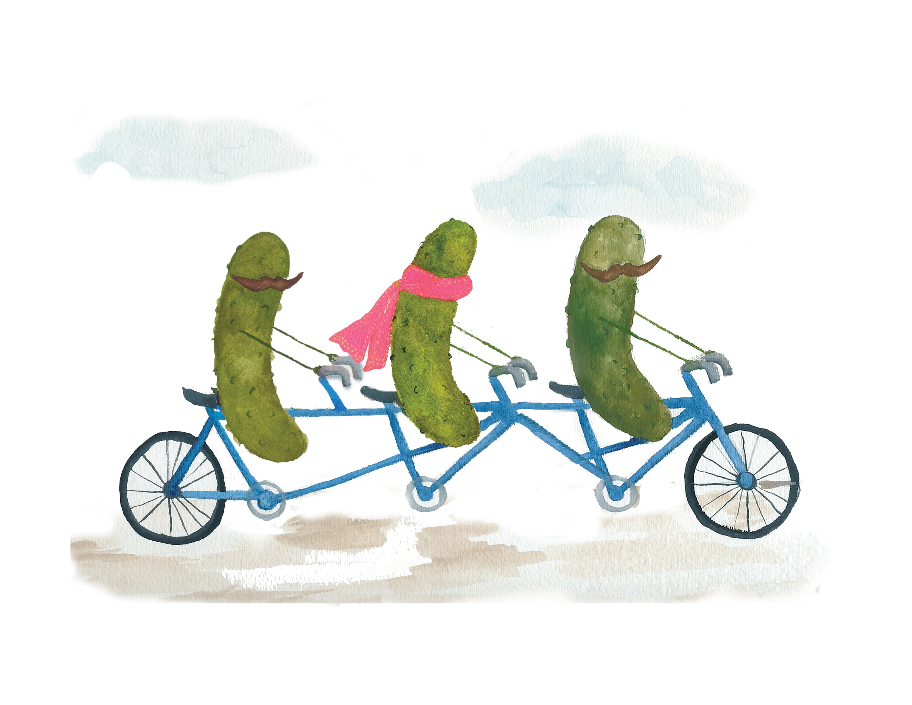 Whimsical Pickles on a Bicycle Built for Three Watercolor Art | Etsy