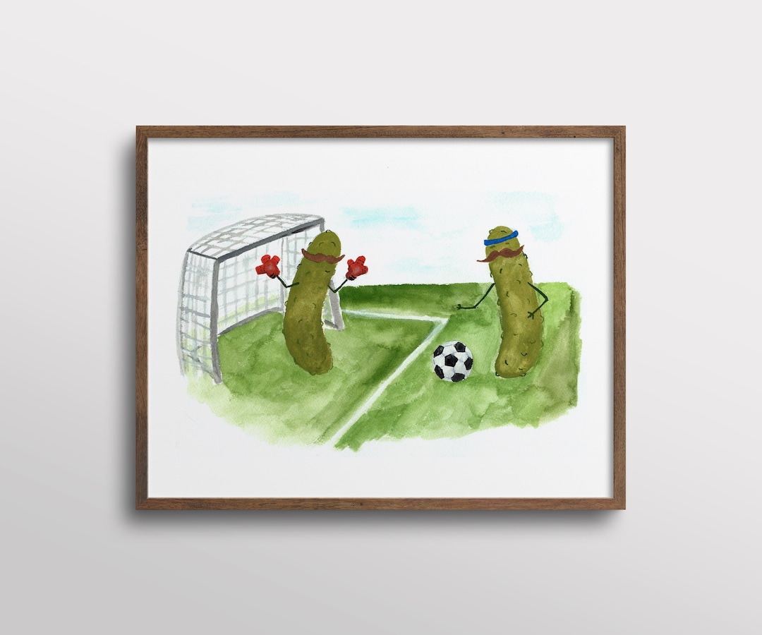 Whimsical Pickles With Mustaches Playing Soccer Watercolor Art Print - Etsy